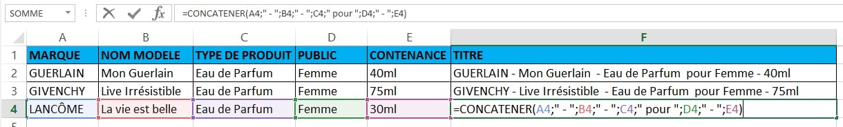 Formul excel automatiser création titre fiche produit e-commerce ...